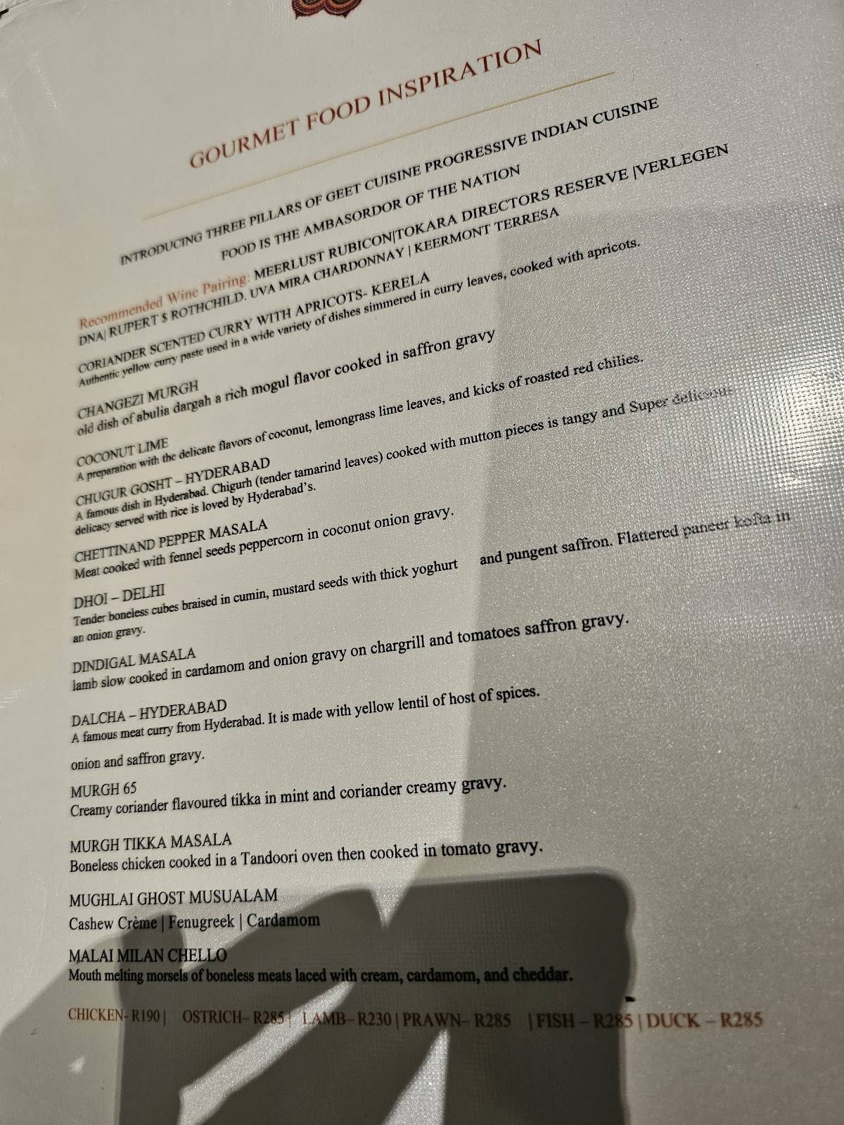 Menu at Geet Indian Restaurant, Pretoria