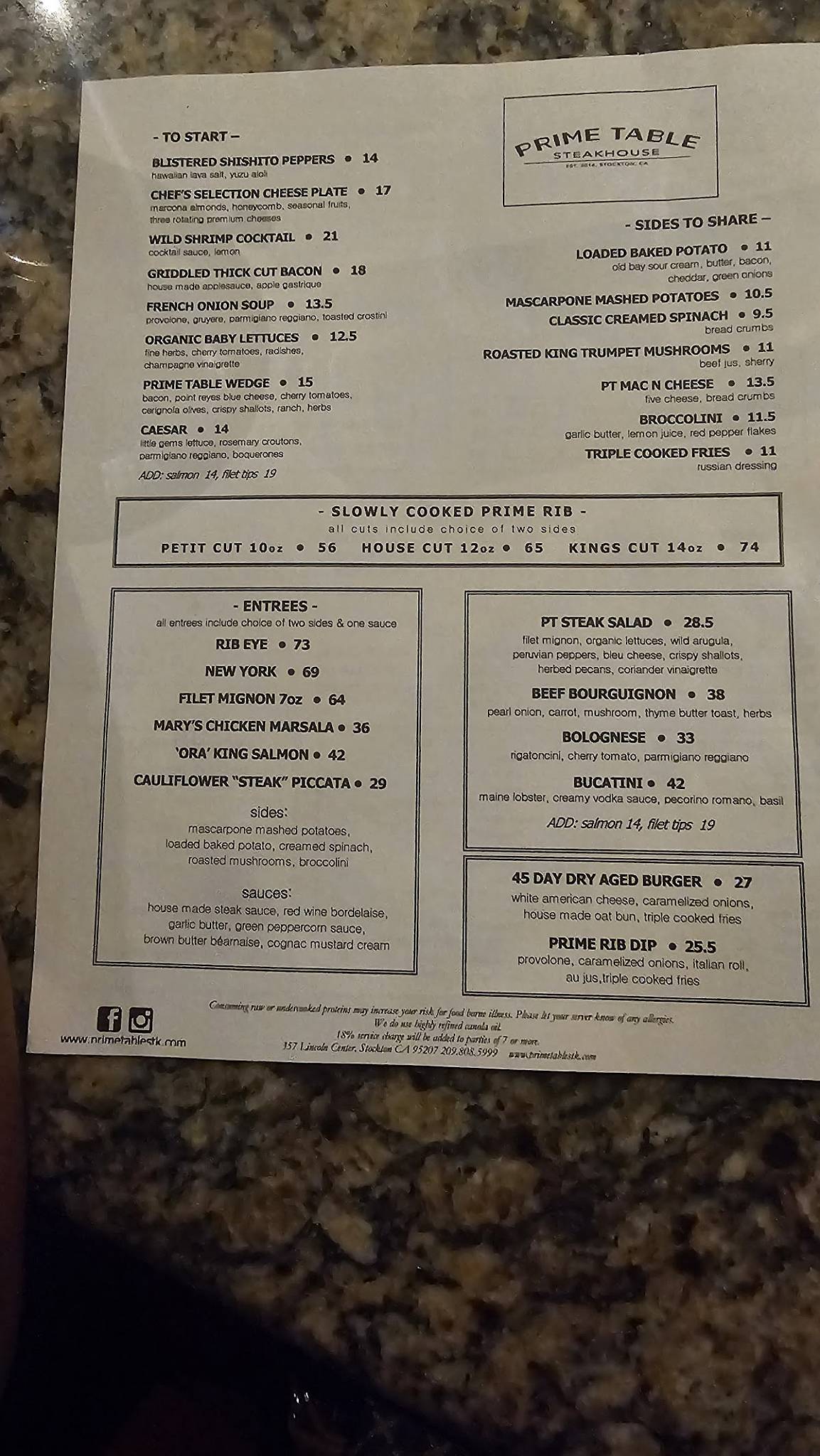 Carta de parrilla Prime Table Steak House, Stockton