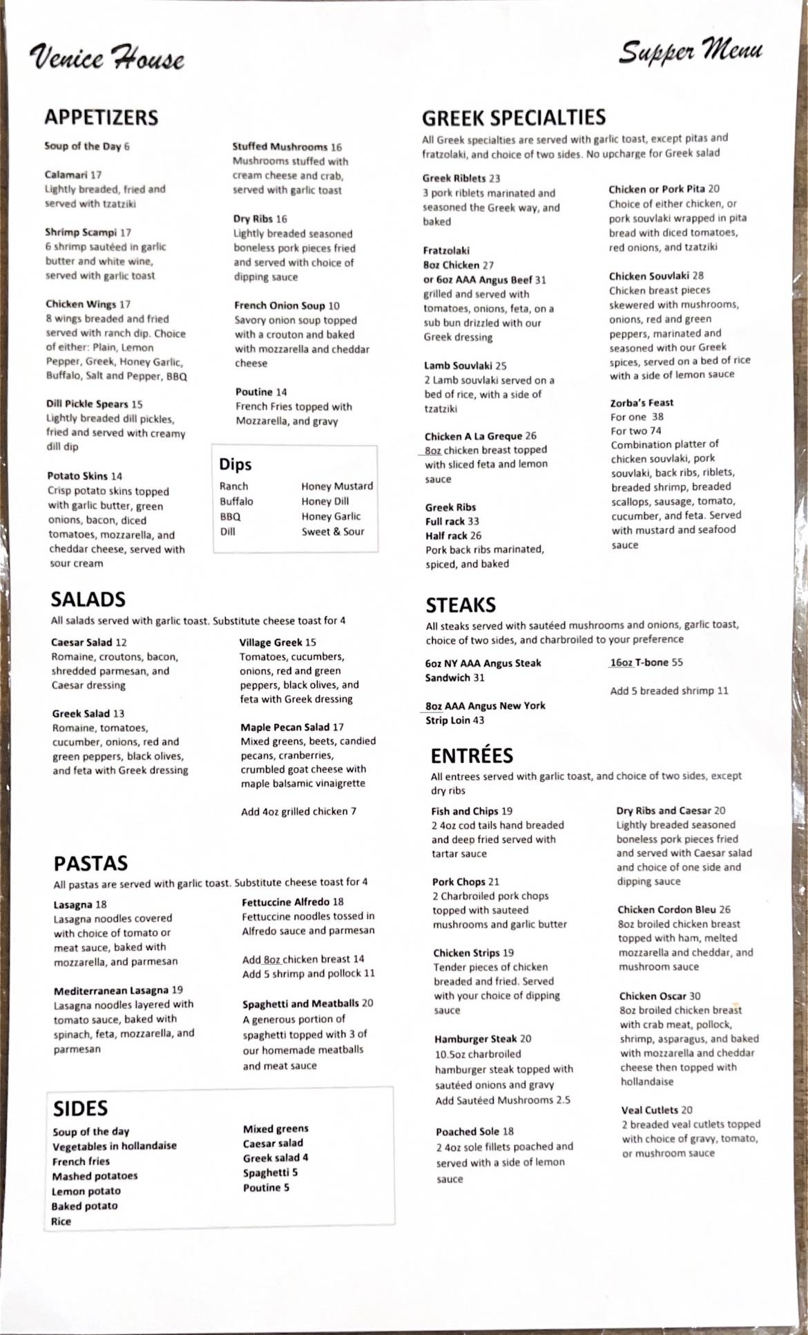 Menu at Venice House pizzeria, Prince Albert, Central Ave