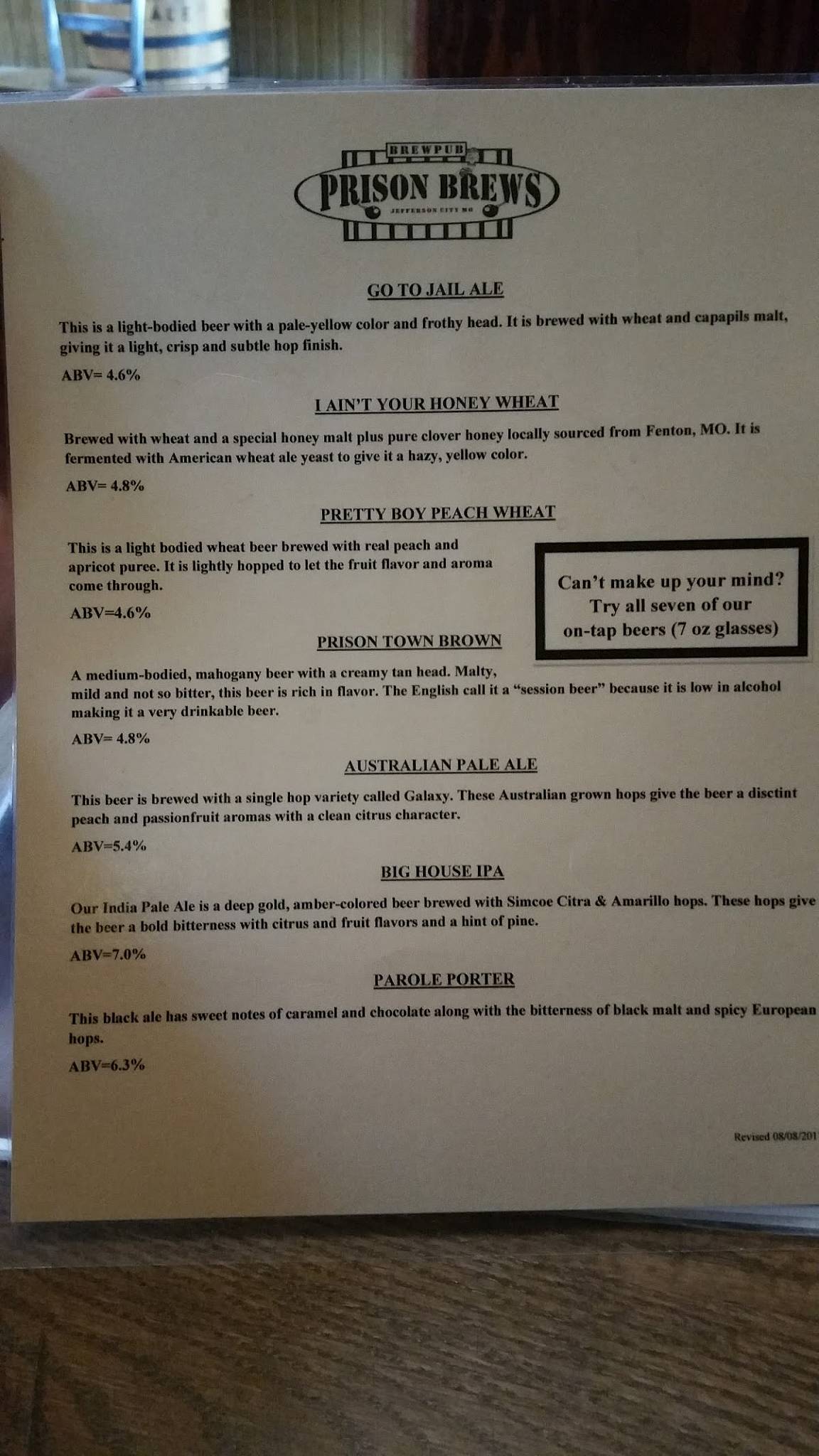 Menu at Prison Brews pub & bar, Jefferson City