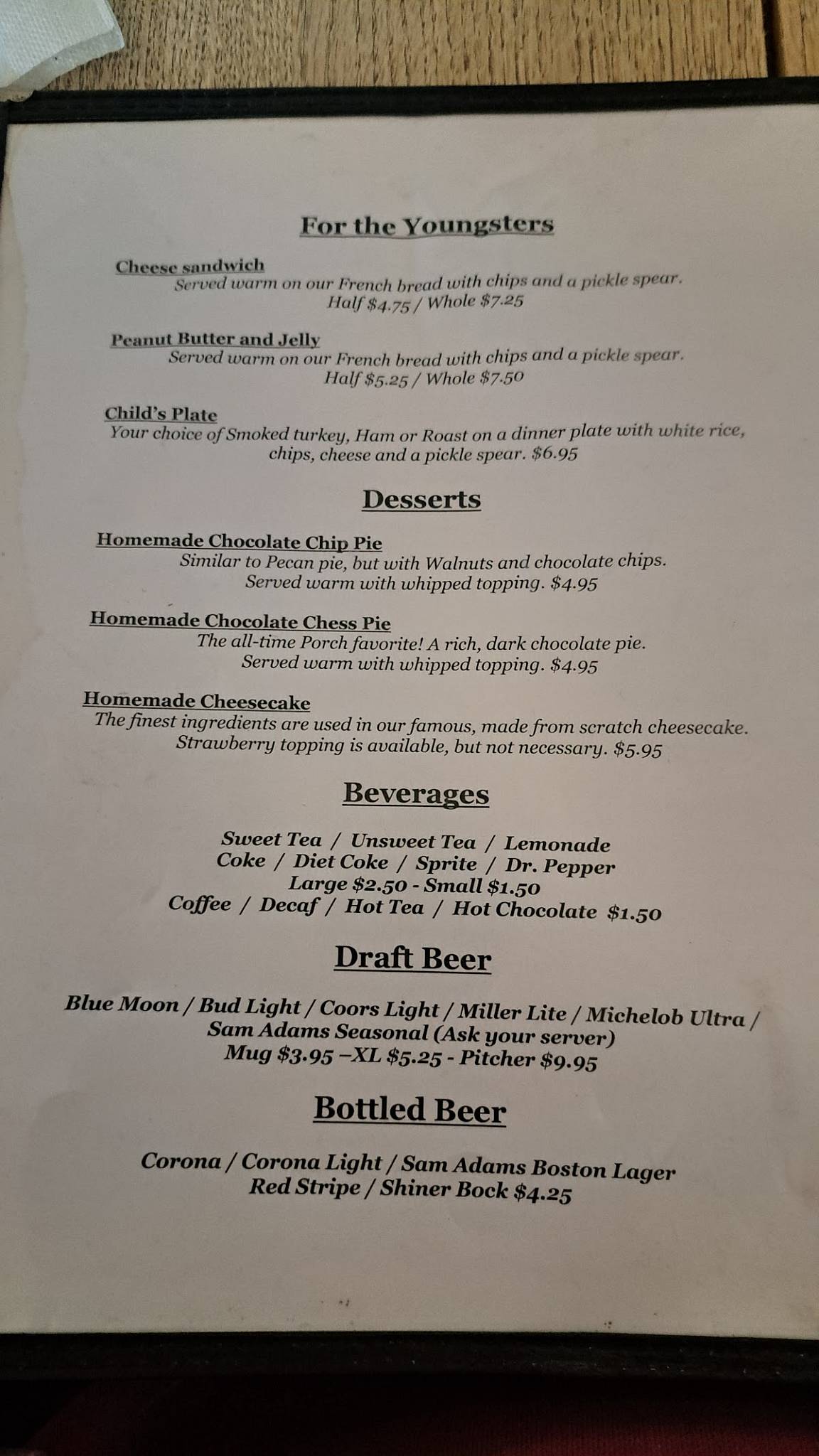Menu at Proffitt's Porch desserts, Columbus, Officers Lake Rd