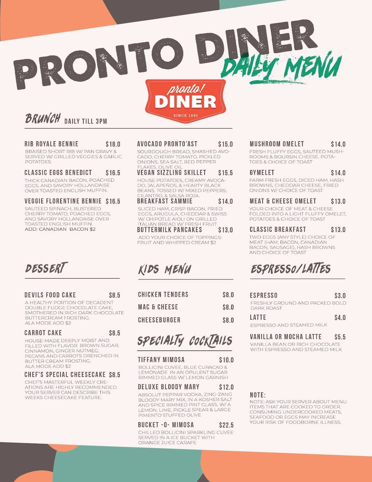 Menu at Pronto! Diner pub & bar, Royal Oak, 610 S Washington Ave