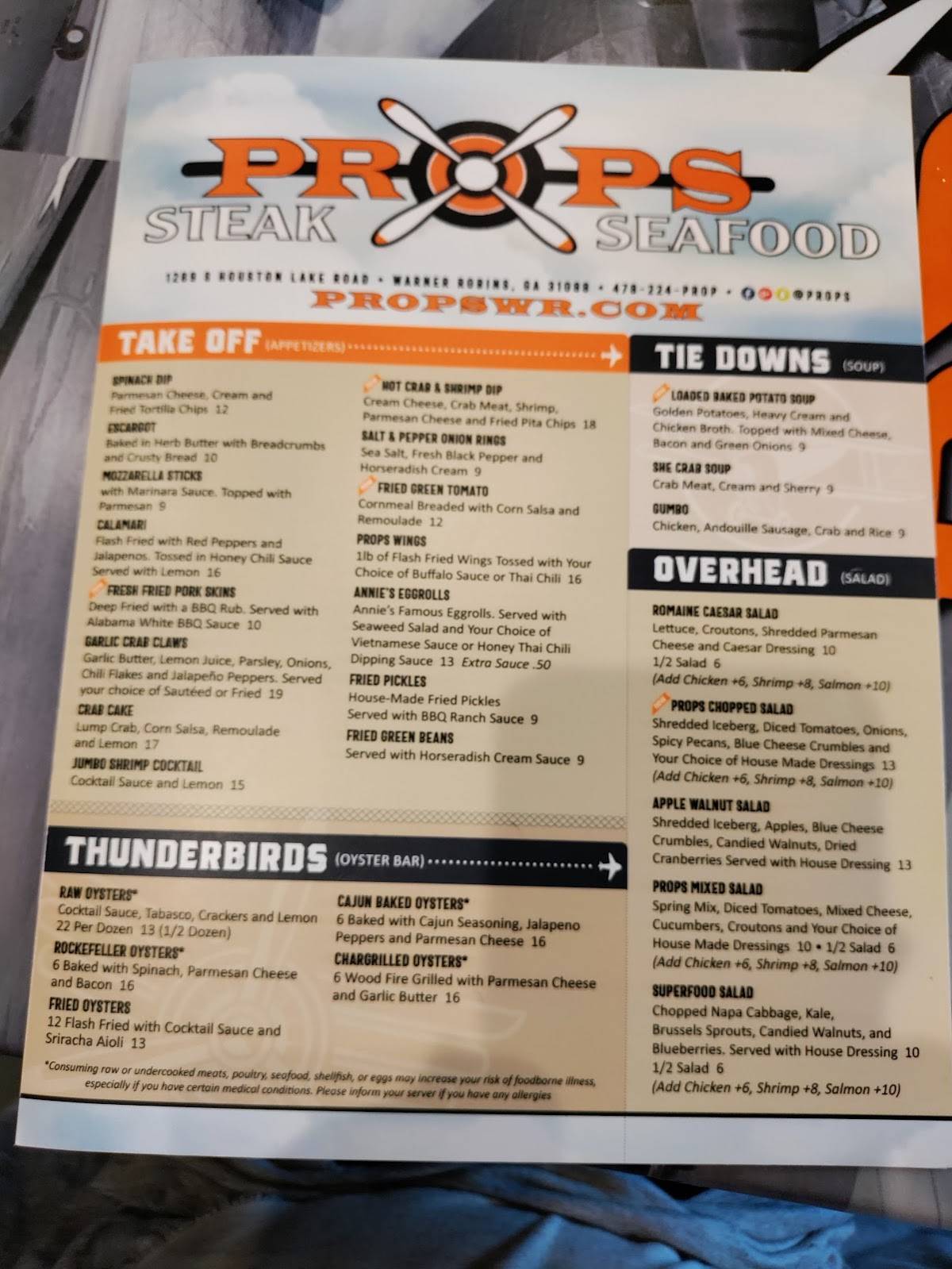 Menu at Props Steak and Seafood Restaurant, Warner Robins