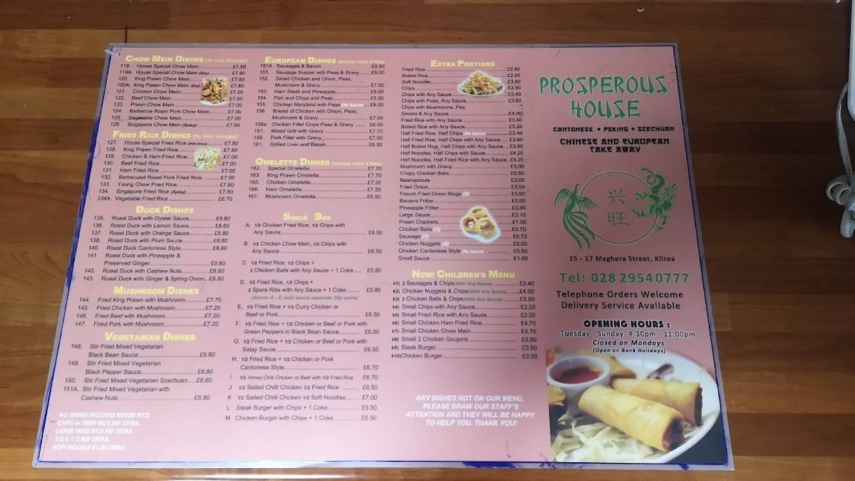 Menu at Prosperous House Chinese & European Takeaway, Kilrea