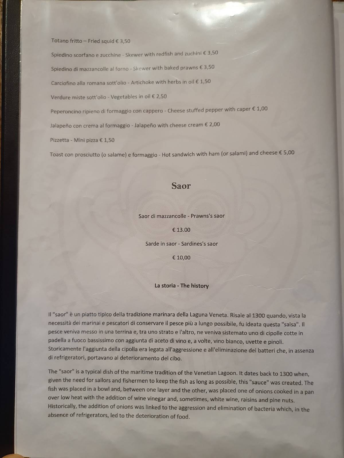 Menu at Bacaro Quebrado pub & bar, Venice