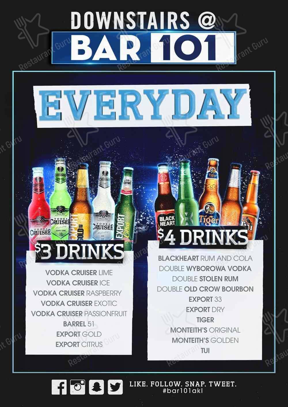Menu at Bar 101, Auckland