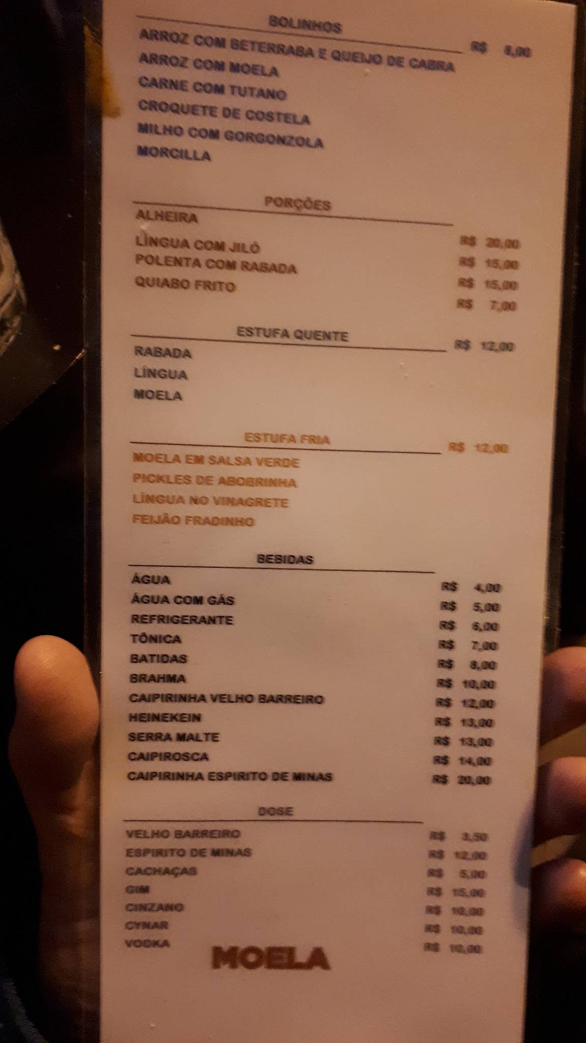Menu em Bar Moela, São Paulo, R. Canuto do Val