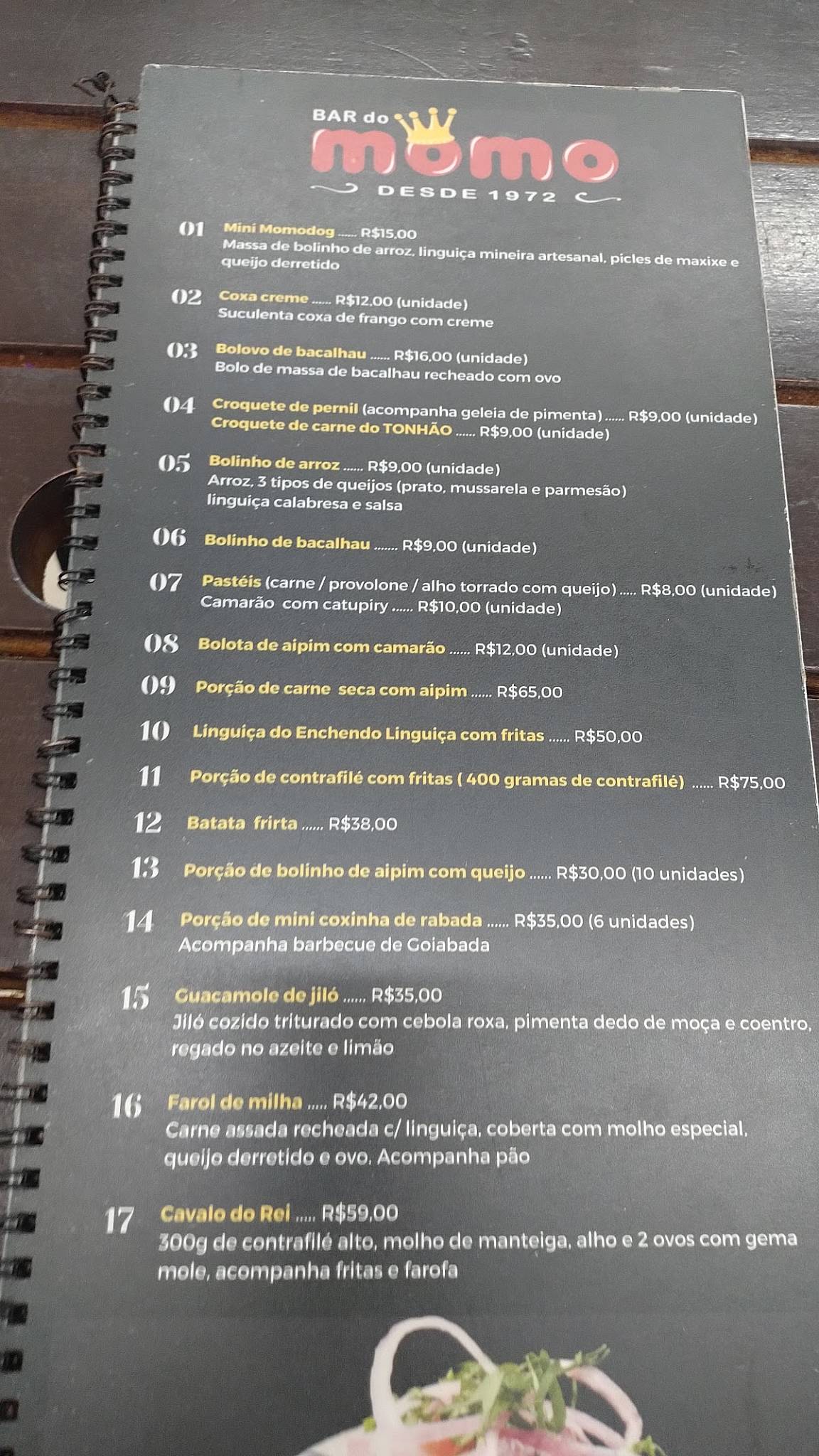 Menu at Bar do Momo, Rio de Janeiro