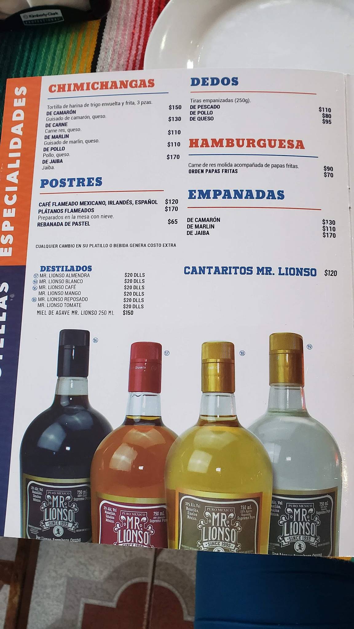 Carta de Barra al Mar Restaurante de Mariscos, Mazatlán
