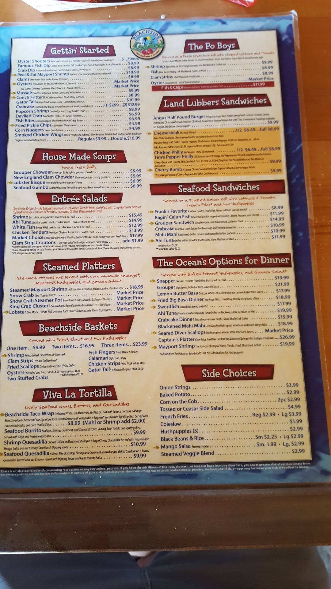 Menu at Beachside Seafood Restaurant & Market, Jacksonville Beach
