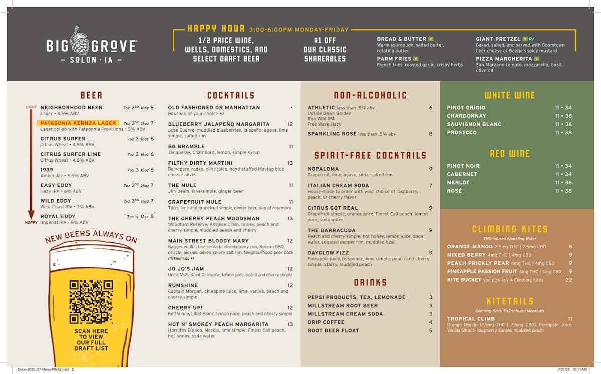 Menu at Big Grove Brewpub-Solon, Solon
