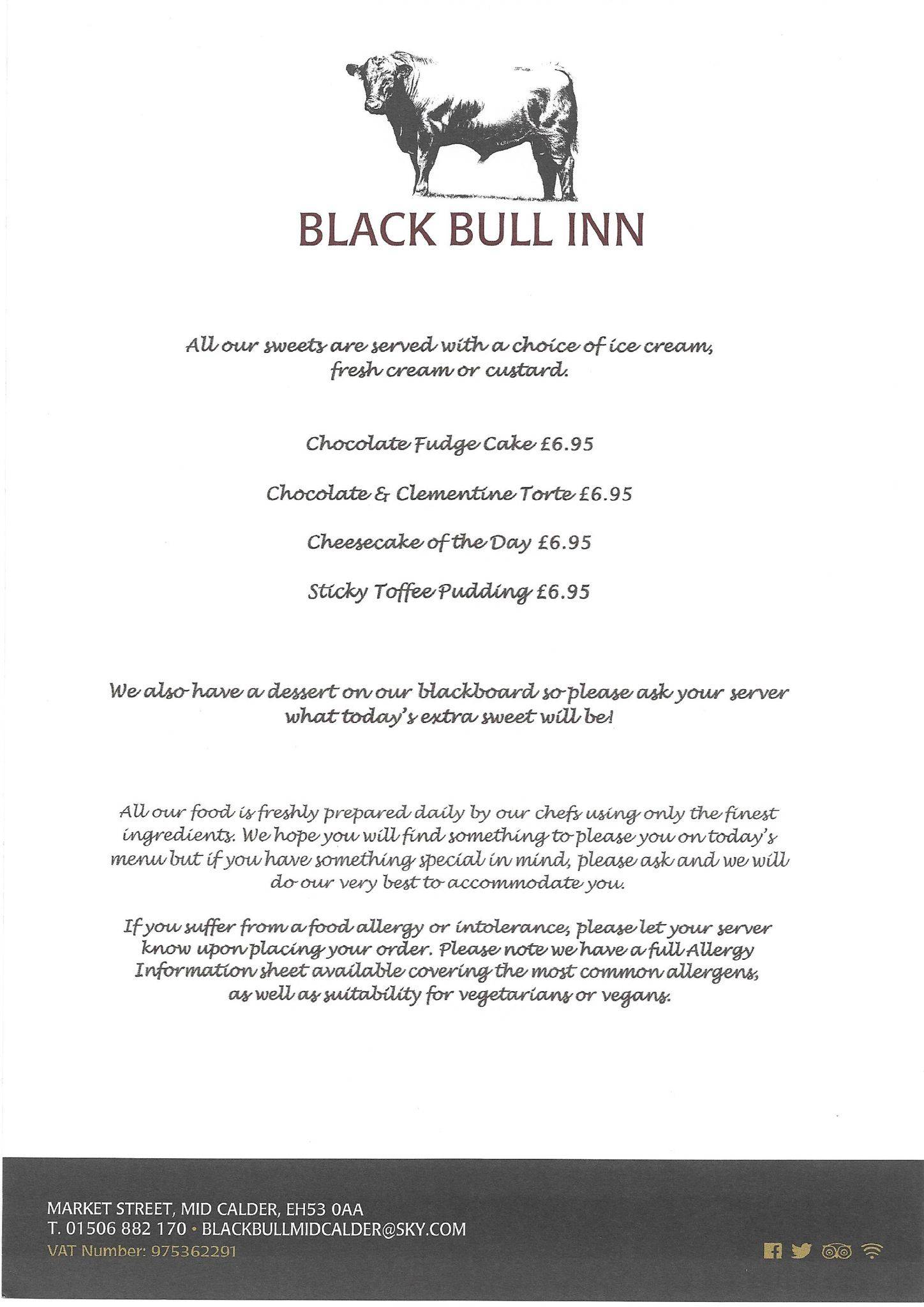 Menu at Black Bull Inn restaurant, Livingston