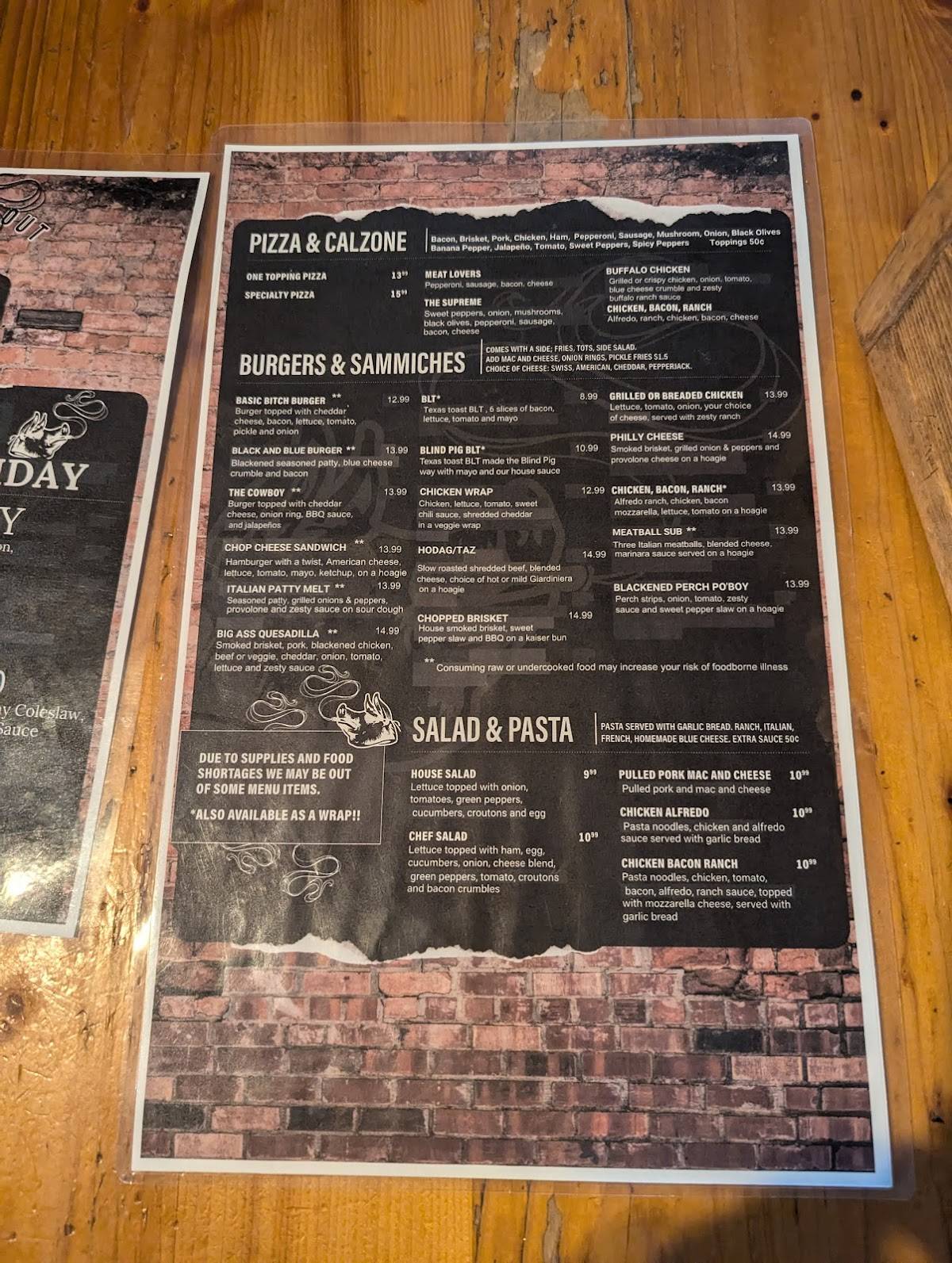 Menu at Blind Pig NW (Northwoods) pub & bar, Rhinelander
