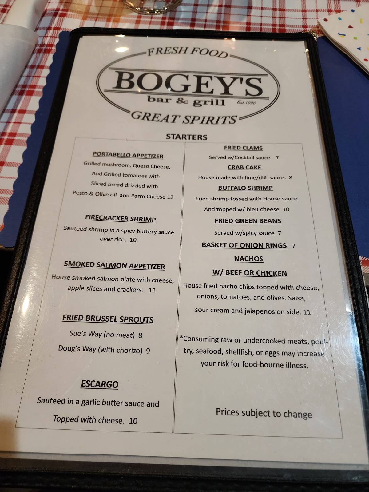 Menu at Bogey's Bar & Grill, Fort Gratiot Township