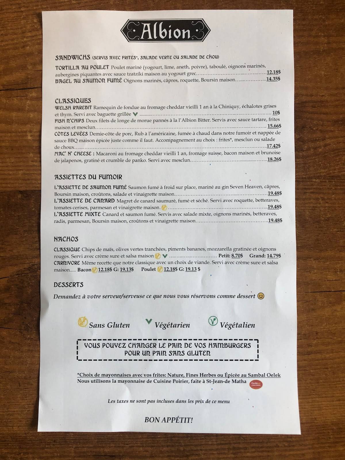 Menu au Albion - Brasserie Artisanale / Resto-Pub, Joliette