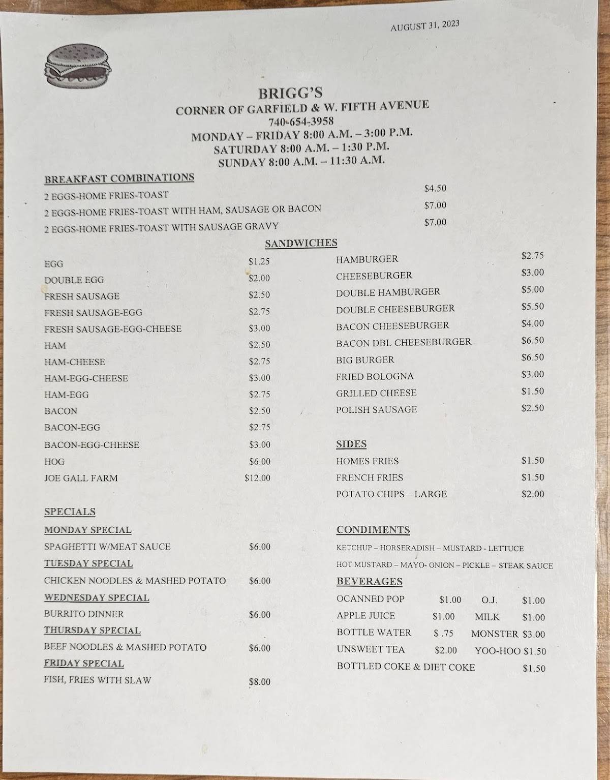 Menu at Brigg's Sandwiches restaurant, Lancaster