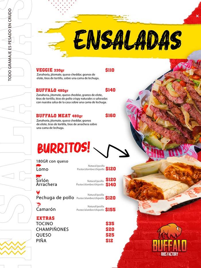 Carta del pub y bar Buffalo Ribs Factory, Celaya