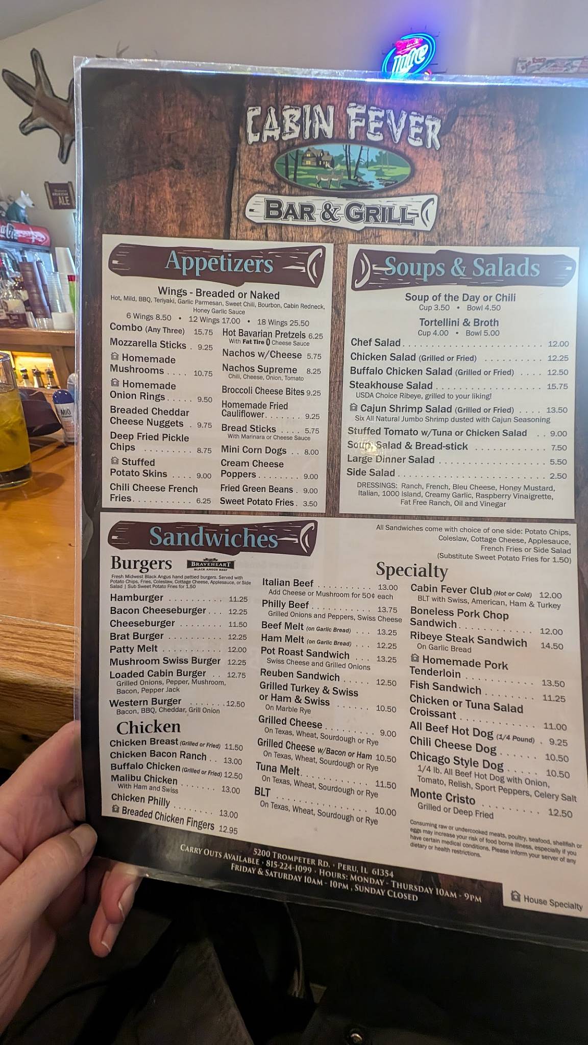 Menu at Cabin Fever Bar & Grill, Peru