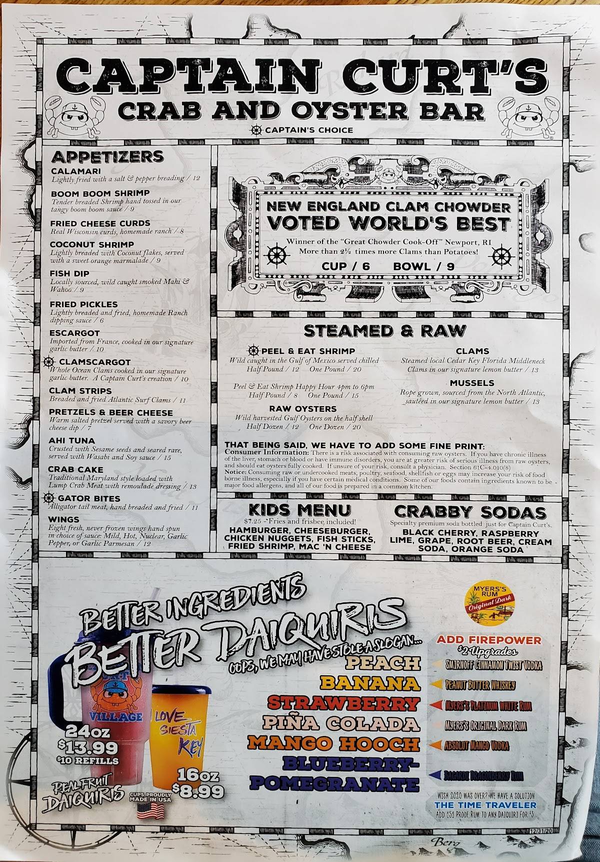 Menu at Captain Curt's Crab & Oyster Bar, Sarasota, Old Stickney Point Rd