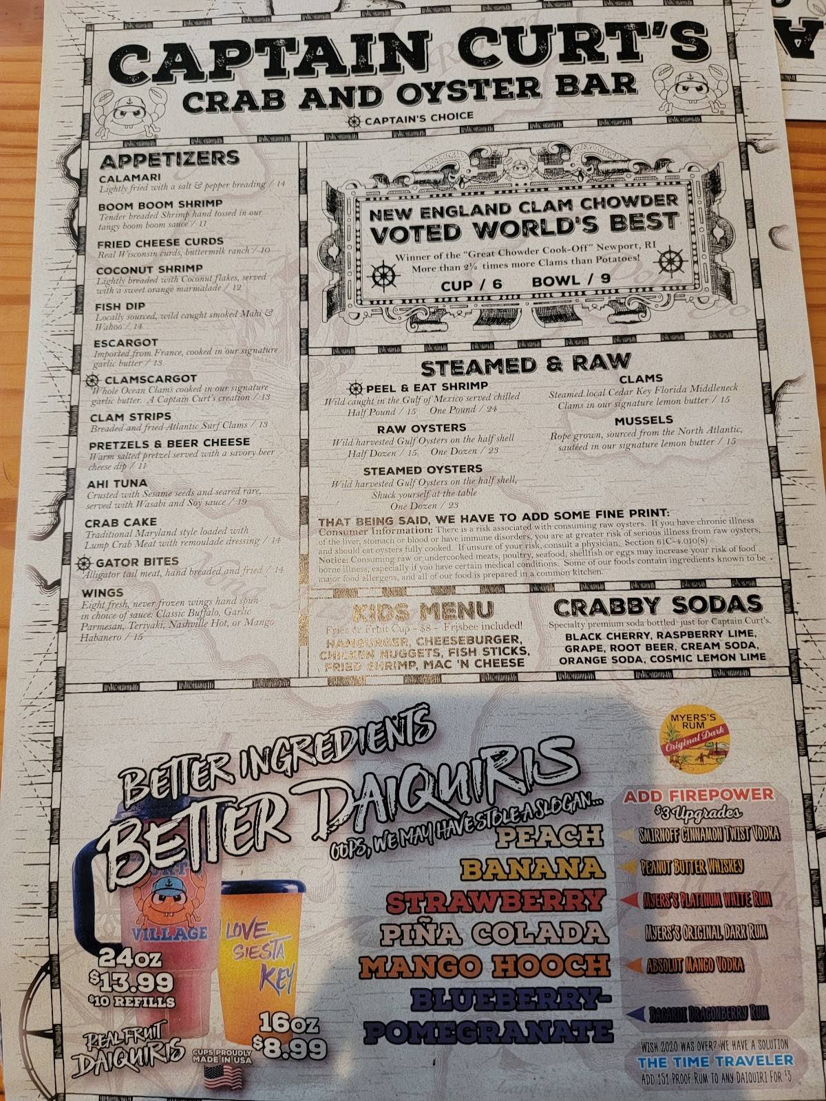 Menu at Captain Curt's Crab & Oyster Bar, Sarasota, Old Stickney Point Rd