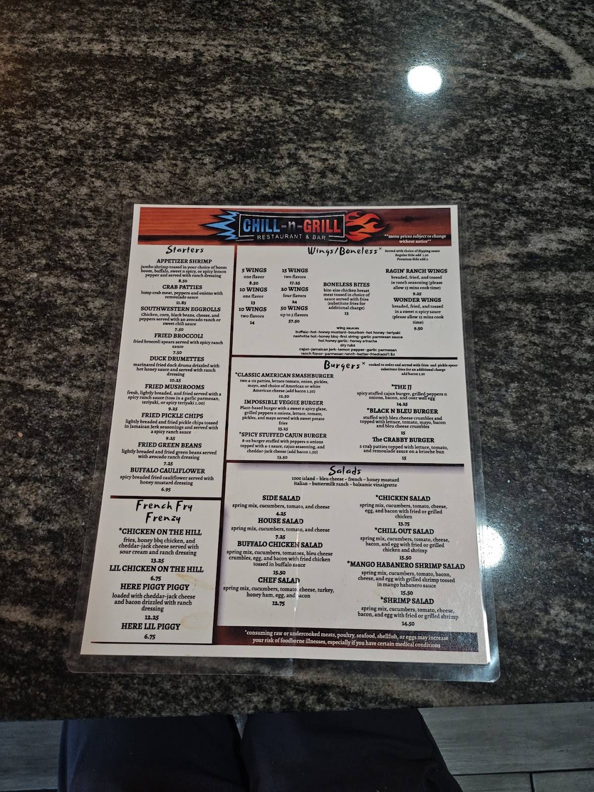 Menu at Chill N Grill pub & bar, North Charleston, Ashley Phosphate Rd