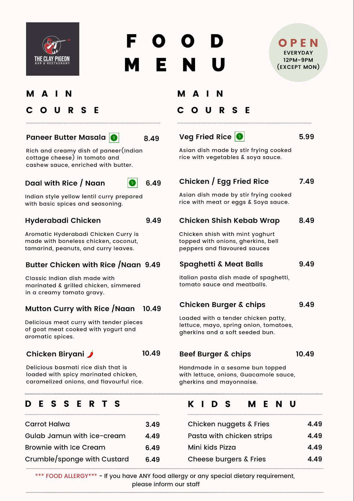 Menu at Clay Pigeon Essex pub & bar, Chelmsford