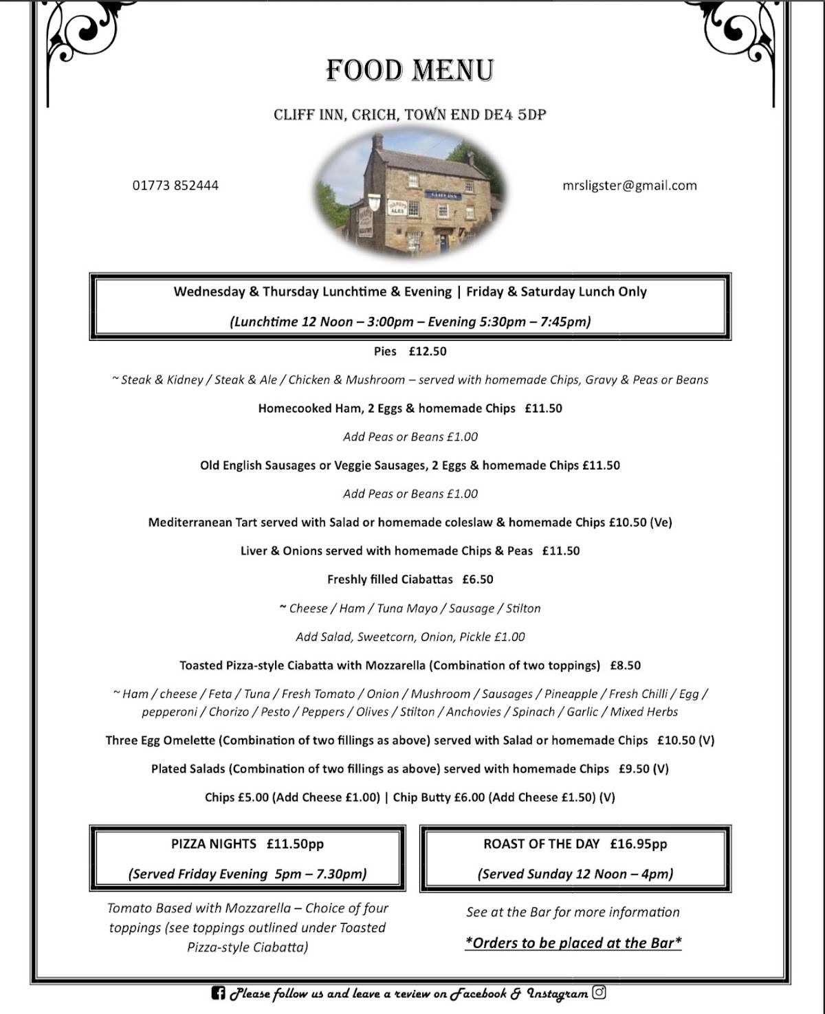 Menu at Cliff Inn pub & bar, Crich