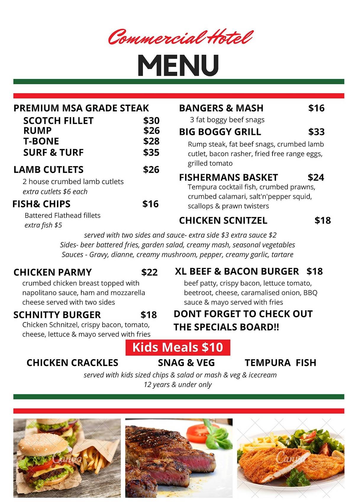 Menu at Commercial Hotel Boggabri pub & bar, Boggabri
