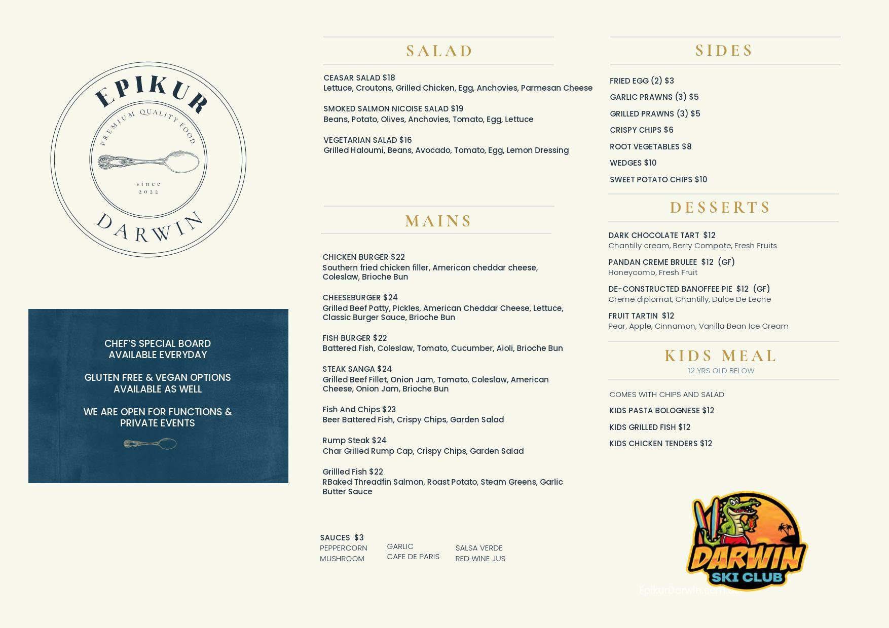 Menu at Ski clu pub & bar, Fannie Bay