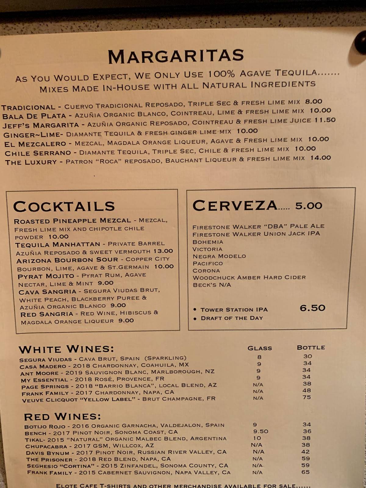 Menu at Elote Cafe, Sedona