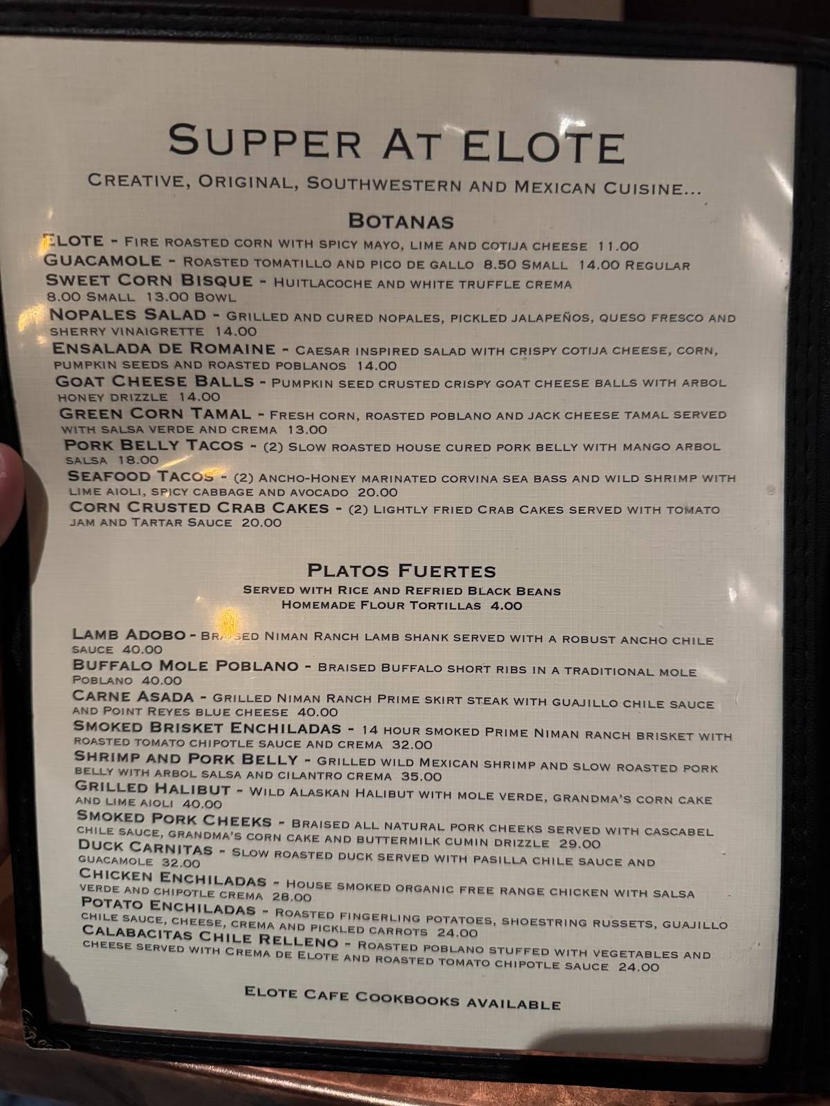 Menu at Elote Cafe, Sedona, 350 Jordan Rd