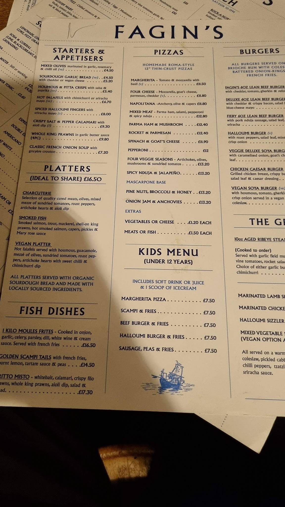 Menu at Fagin's restaurant, Hastings