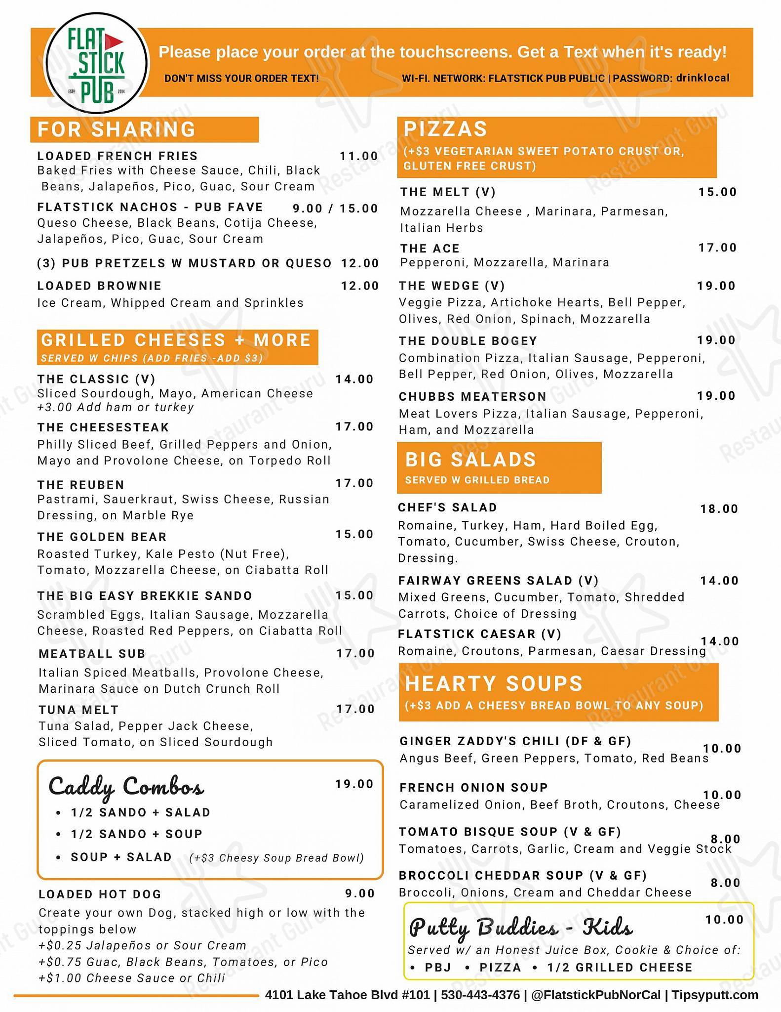 Menu at Tipsy Putt pub & bar, South Lake Tahoe