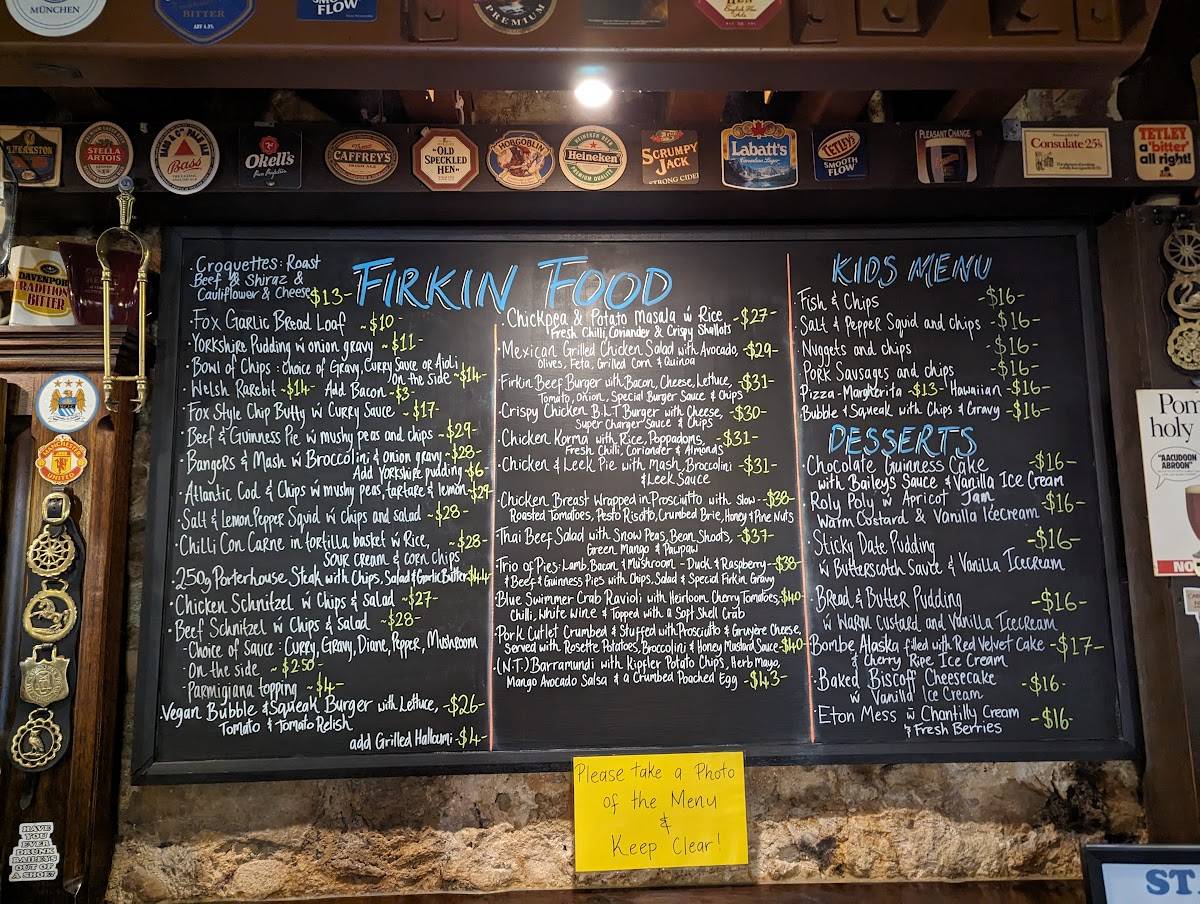 Menu at Fox & Firkin English Pub, Tea Tree Gully