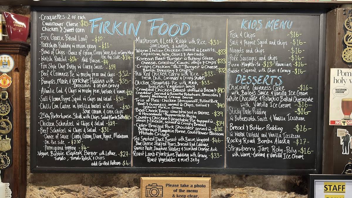 Menu at Fox & Firkin English Pub, Tea Tree Gully