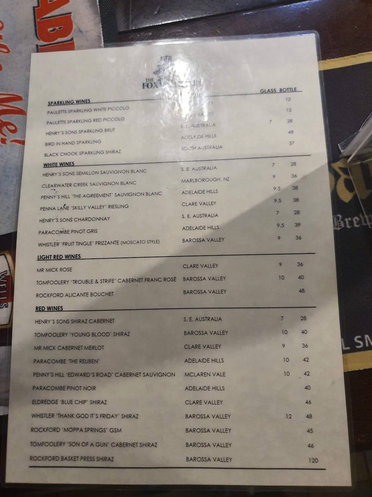 Menu at Fox & Firkin English Pub, Tea Tree Gully