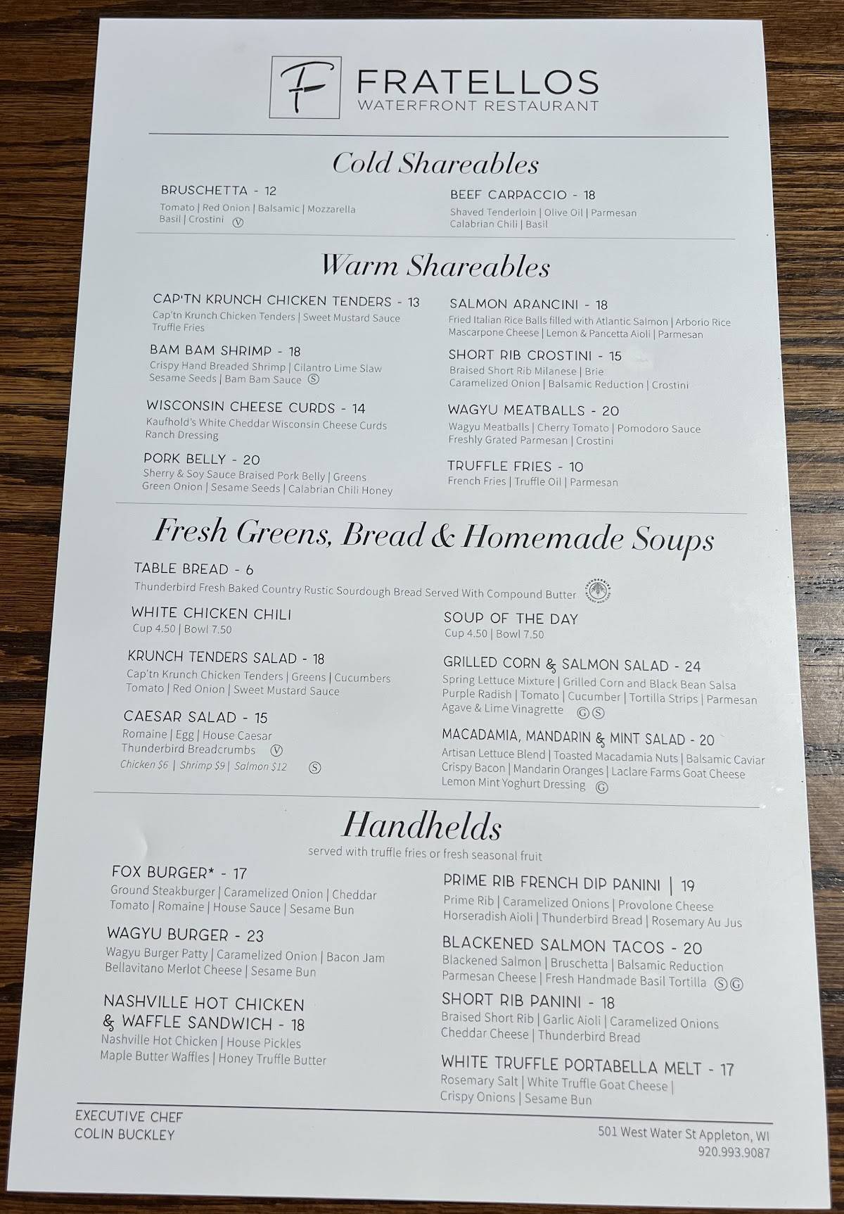 Menu at Fratellos Riverfront Restaurant, Appleton