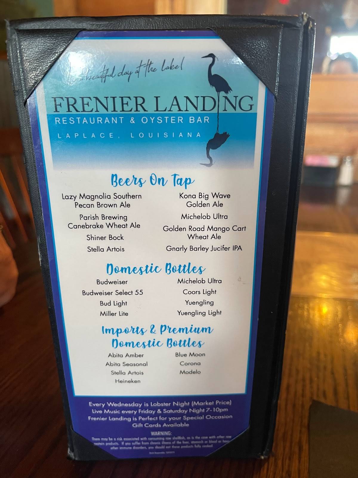 Menu at Frenier Landing Restaurant and Oyster Bar, LaPlace, 113 Dottie Ln