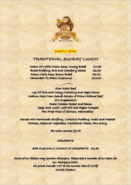 Menu at Friar Tucks Inn pub & bar, Gloucester