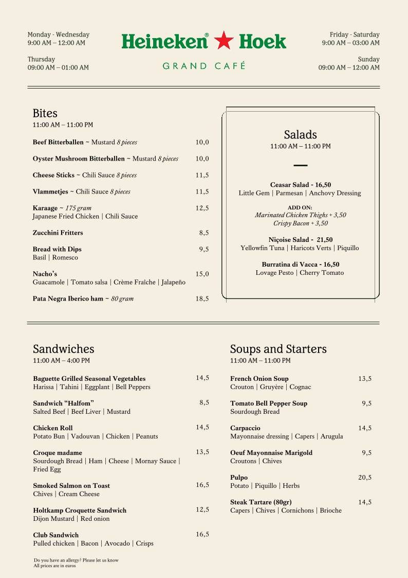 Menu at Heineken Hoek Grand Café, Amsterdam