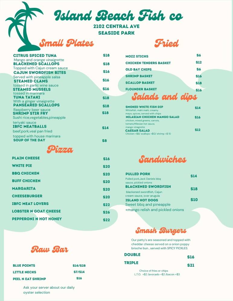 Menu at Island Beach Fish Company pub & bar, Seaside Park