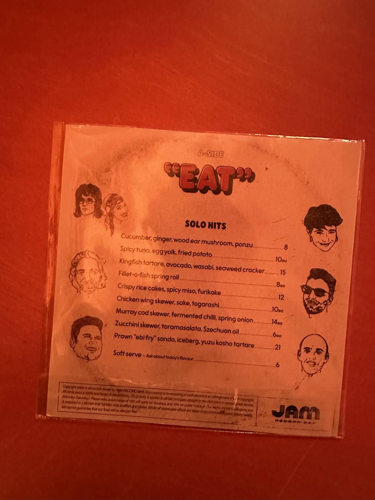 Menu at JAM Record Bar, Sydney