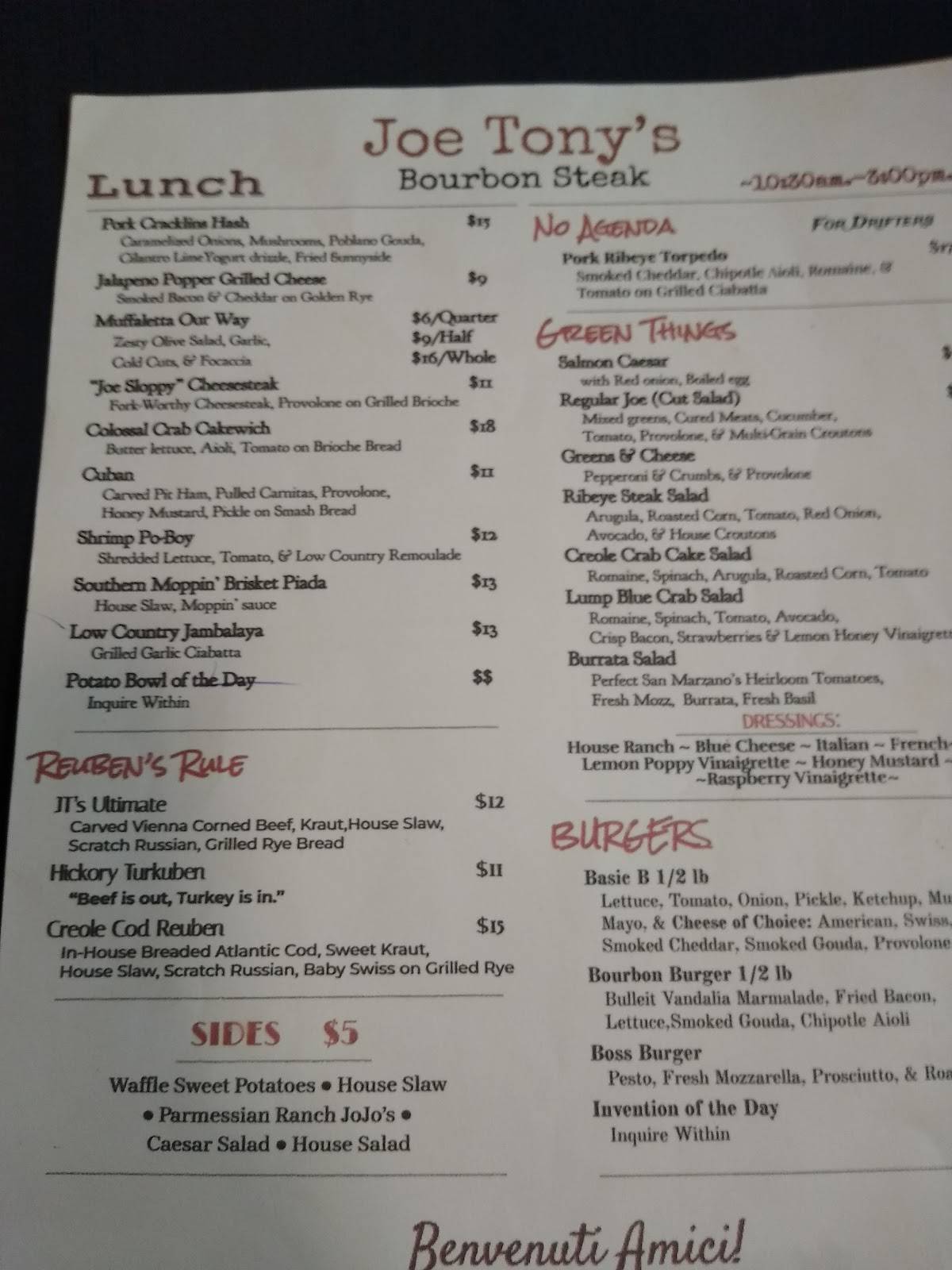 Menu at Joe Tony's Bourbon Steak pub & bar, New Philadelphia