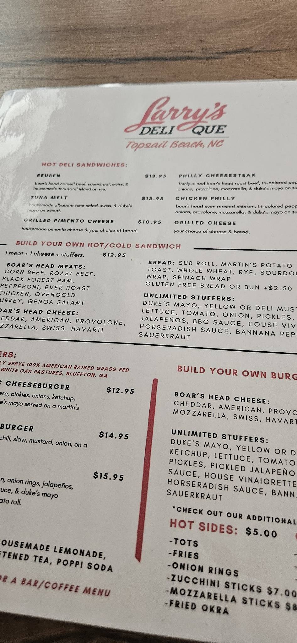 Menu at Larry's Deli-Que pub & bar, Topsail Beach