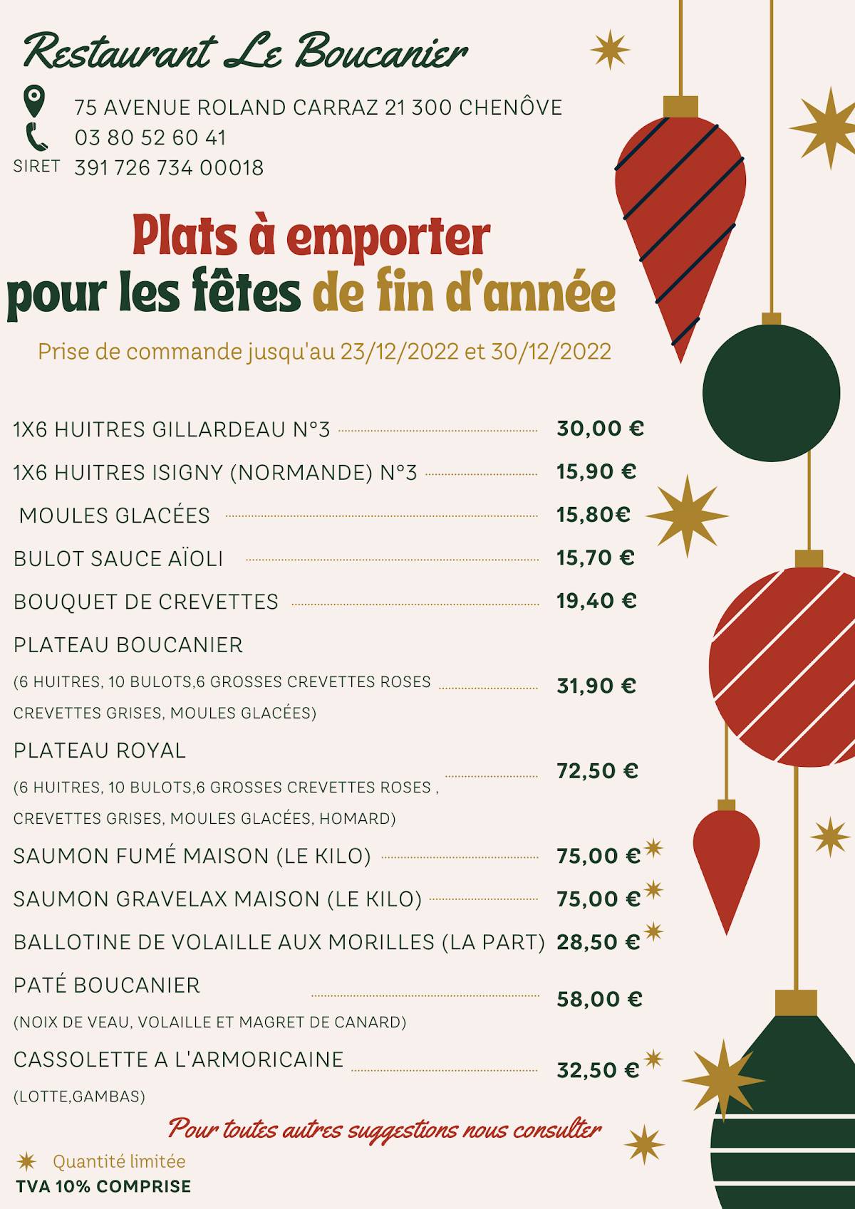 Menu au Le Boucanier restaurant, Chenôve, 75 Av. Roland Carraz