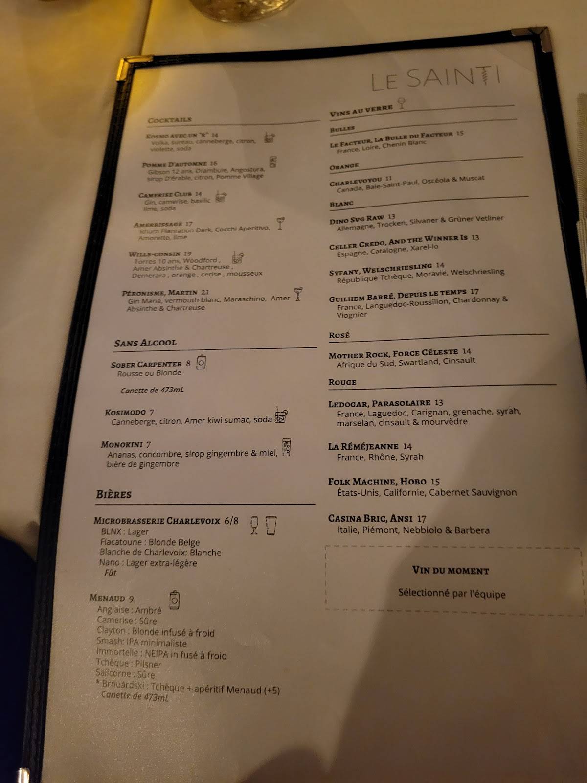 Carta del pub y bar Le SAINTI, Canada