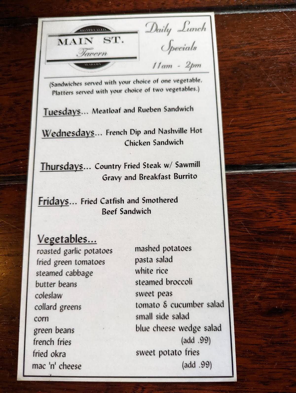 Menu at Main Street Tavern pub & bar, Montevallo, 710 N Boundary St