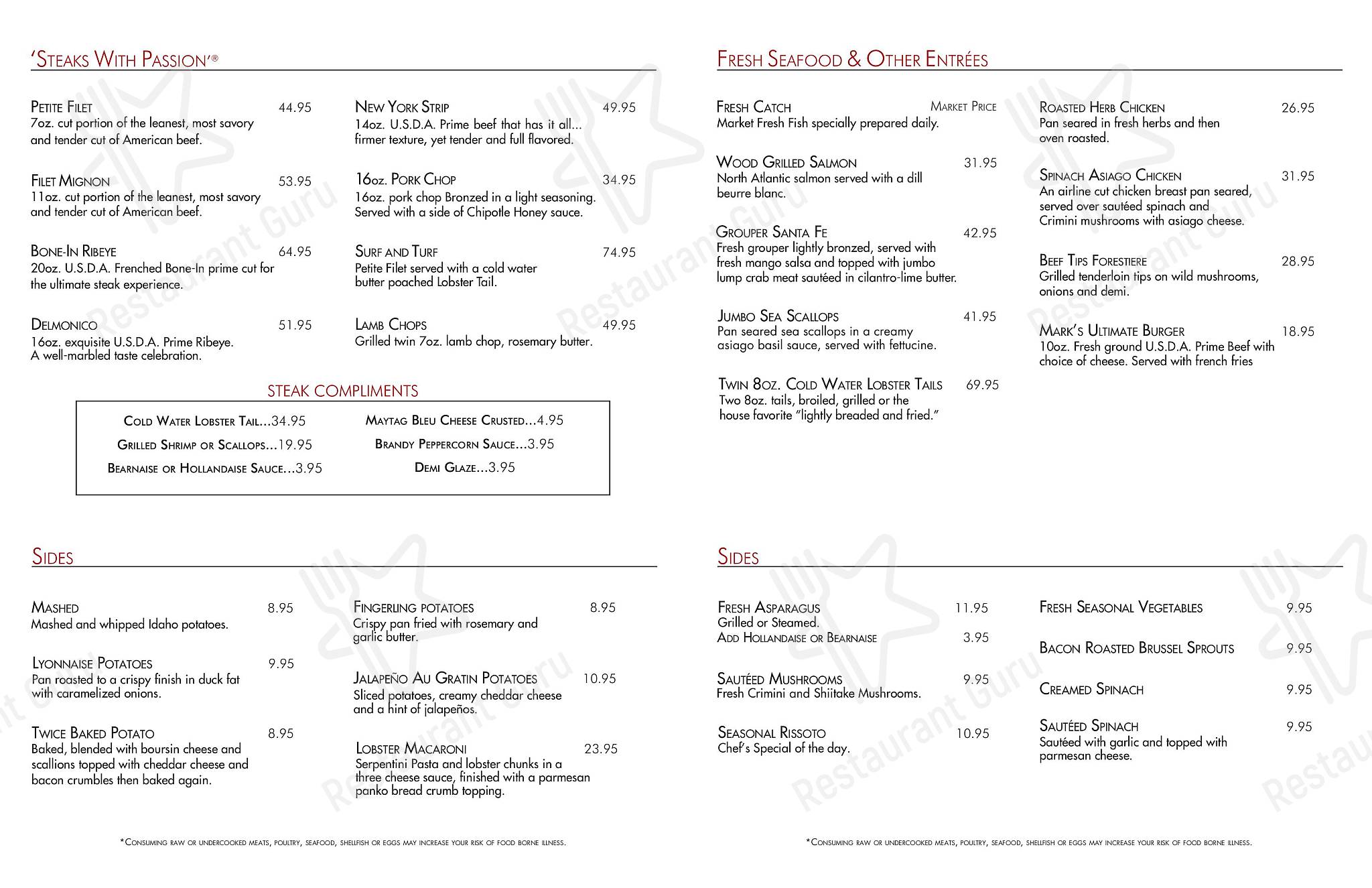 Menu at Mark's Prime Steakhouse, Ocala