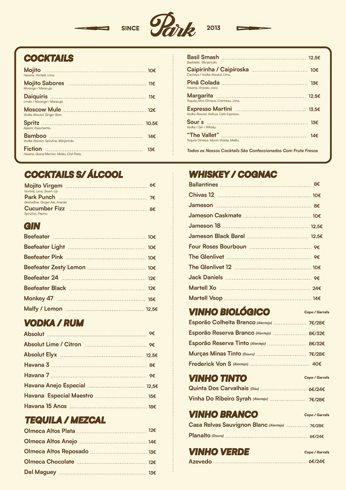 Menu at Park Rooftop pub & bar, Lisbon, Calçada do Combro 58