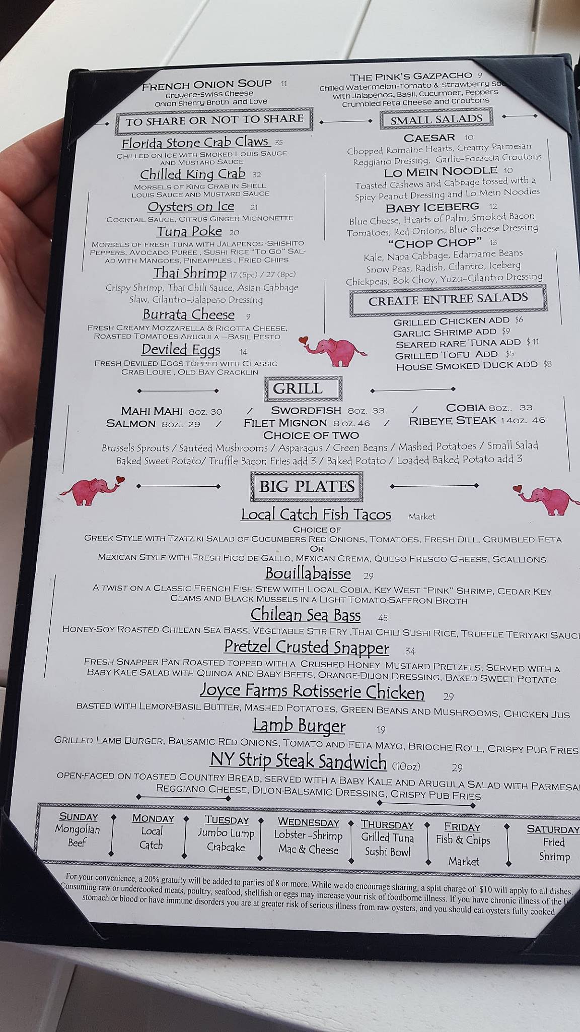 Menu at Pink Elephant pub & bar, Boca Grande